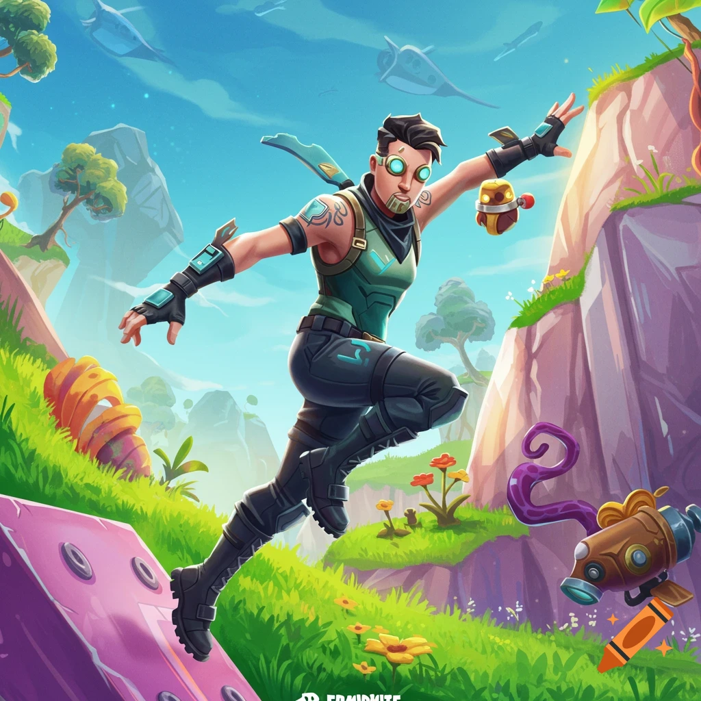 Illustrated Fortnite character jumping in a colorful landscape. on Craiyon