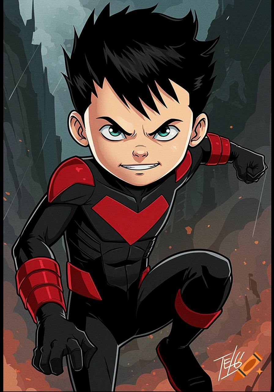 Stylized illustration of a boy in a black and red superhero suit ...