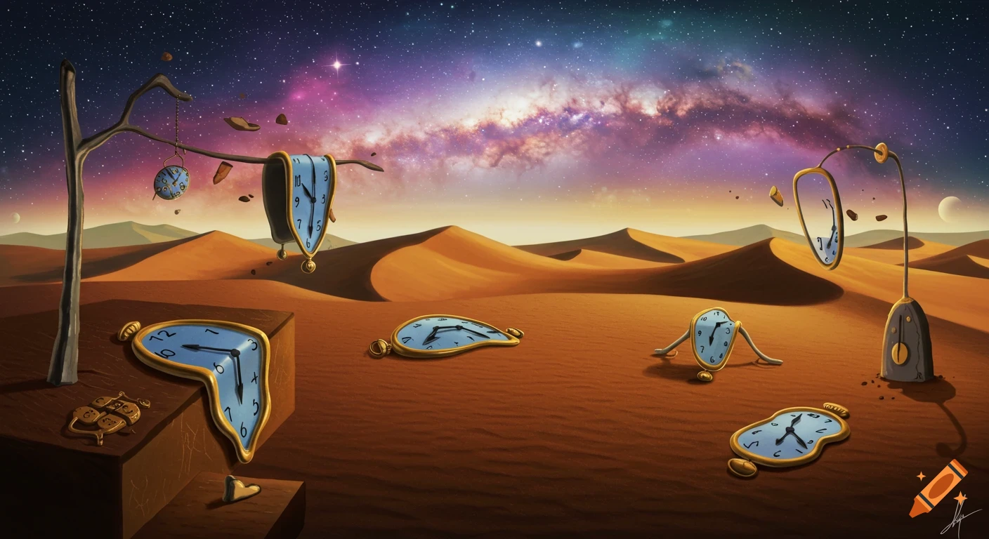 Surreal desert landscape with melting clocks and a starry night sky, inspired by Salvador Dali ...