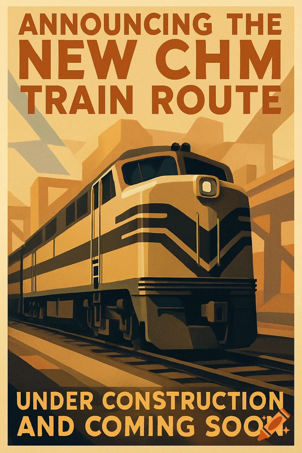 Modernist poster advertising a new train route with text and a train ...