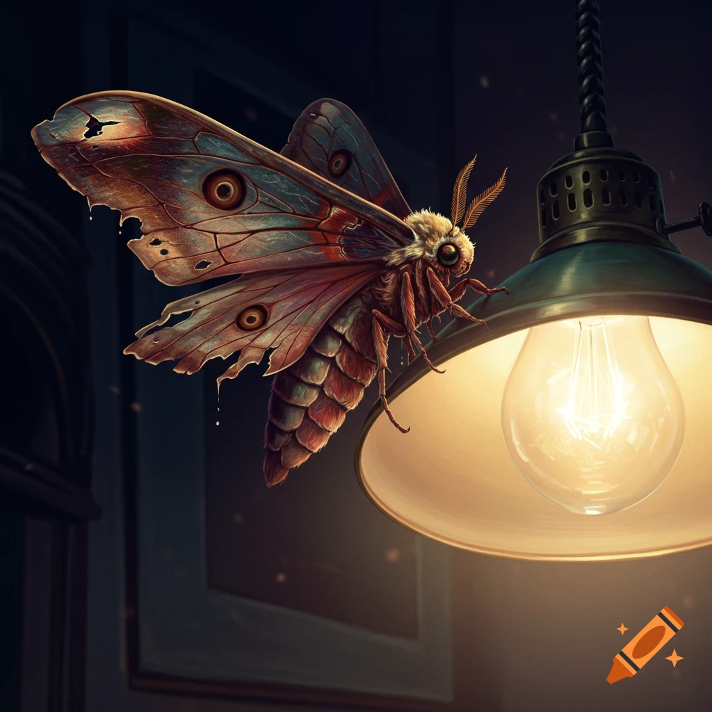 A moth with tattered wings sits on a glowing lamp in a dark room. on ...