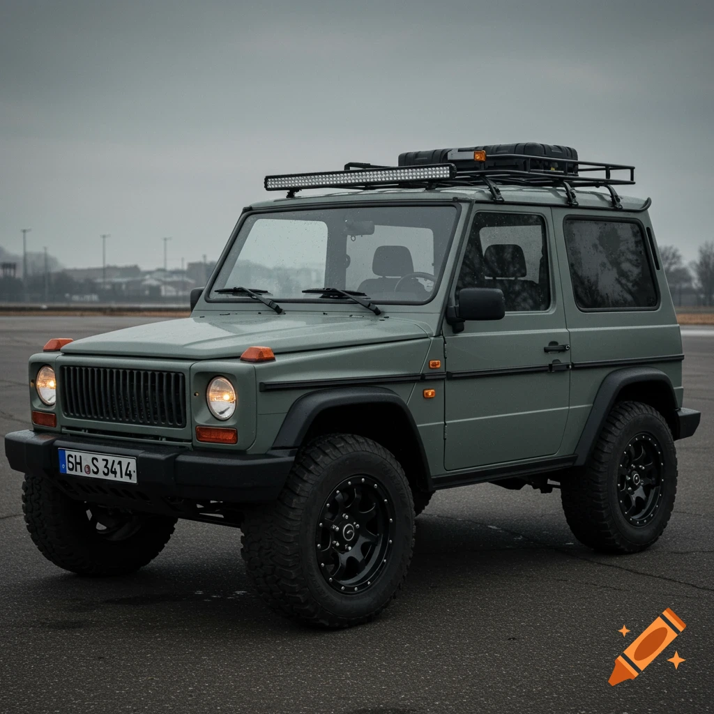 Grey off-road vehicle with roof rack on asphalt under cloudy sky on Craiyon