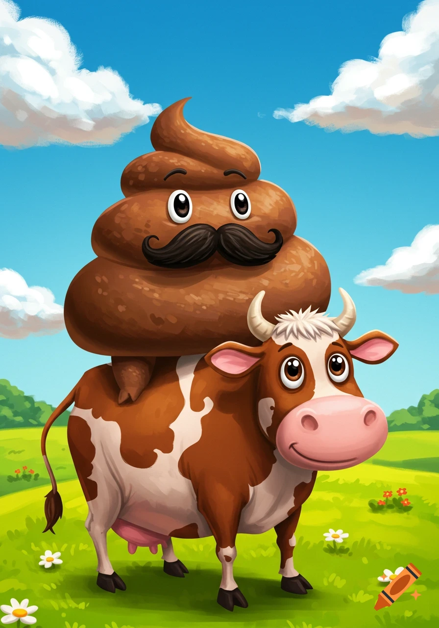 Cartoon poop character with a mustache riding a cow in a grassy field ...