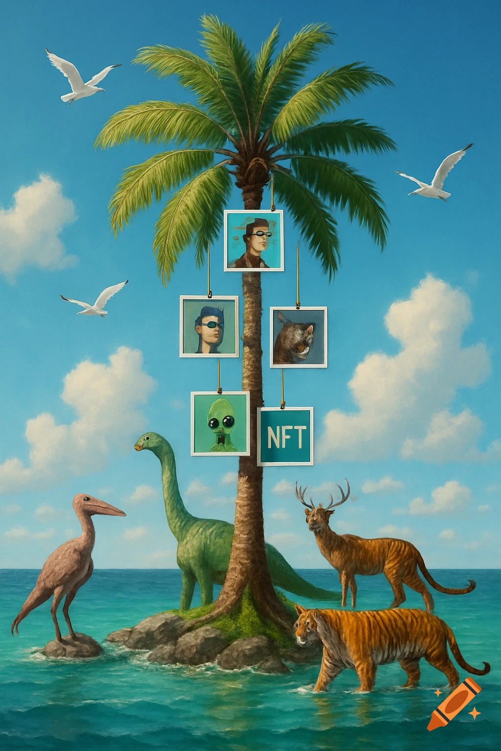 Tropical scene with palm tree on island, animals including a dinosaur ...