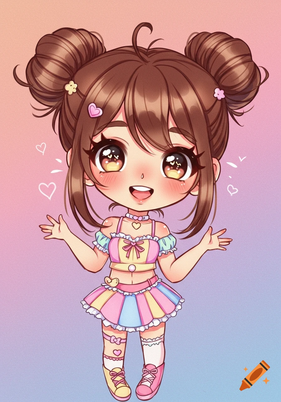 Cute chibi anime girl with space buns in a colorful outfit on Craiyon