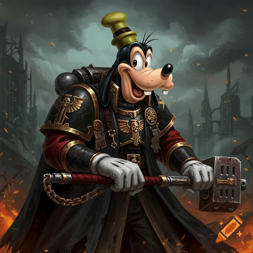 Goofy wearing detailed Warhammer 40k Imperial Inquisitor power armor ...