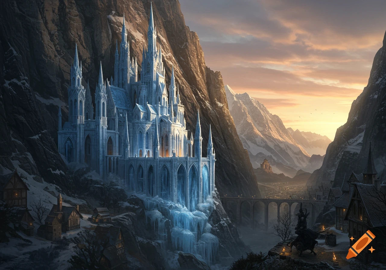 A gothic ice palace built into a mountain above a small town at sunset ...