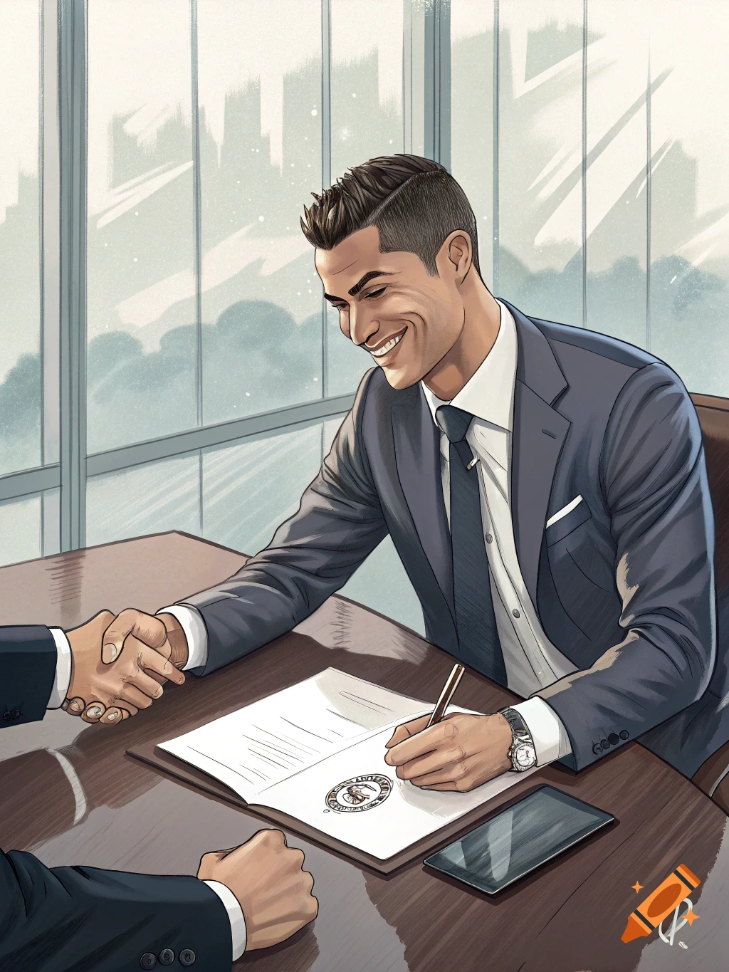 Illustration of Cristiano Ronaldo signing a contract and shaking hands ...