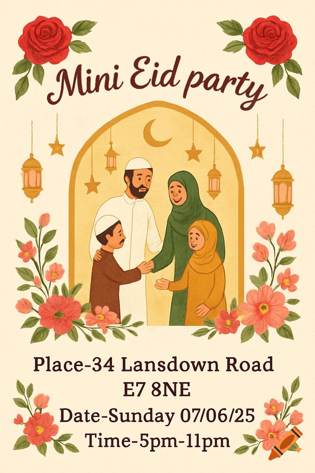 Illustrated poster for a Mini Eid party with a family, text details ...