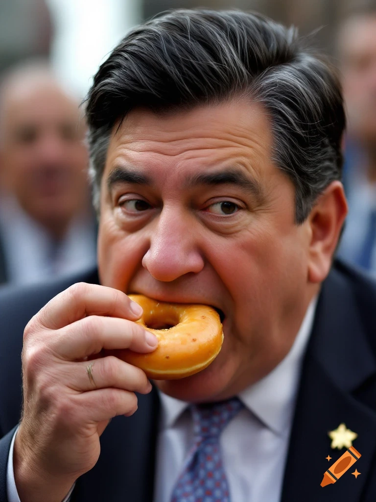 Close-up photo of a man in a suit eating an orange-glazed donut. on Craiyon