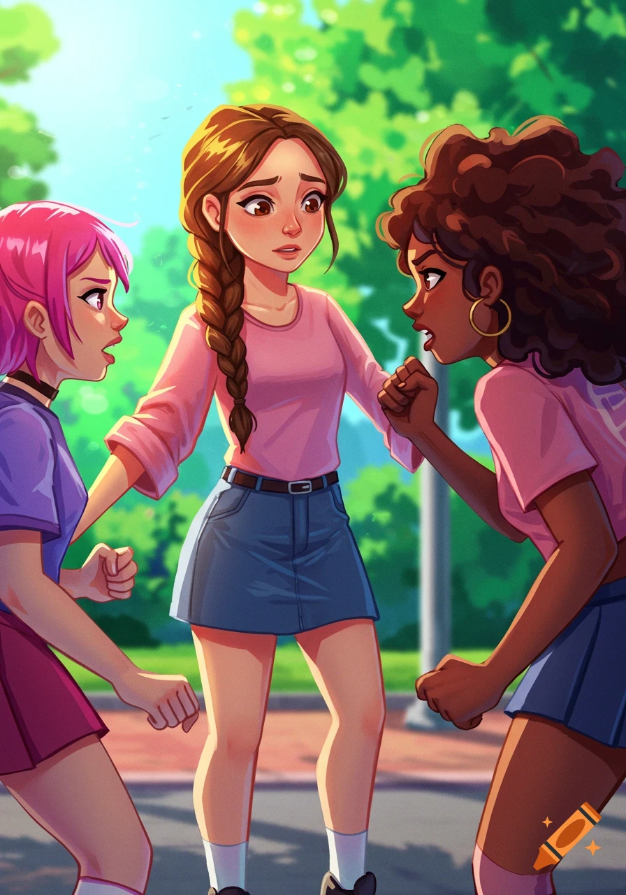 Three cartoon girls in a park, one looking scared between two others ...