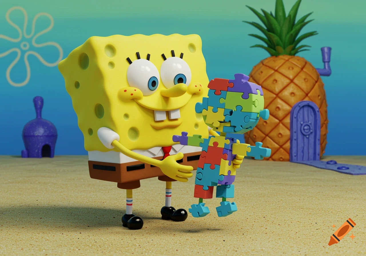 Spongebob Squarepants holding a figure made of colorful puzzle pieces ...