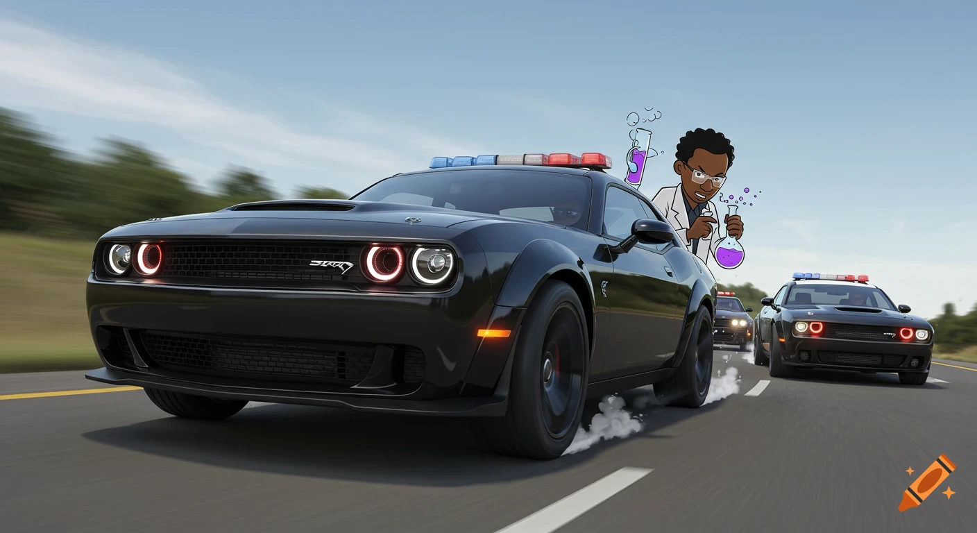 Black police Dodge Challengers chase each other on a highway with a ...