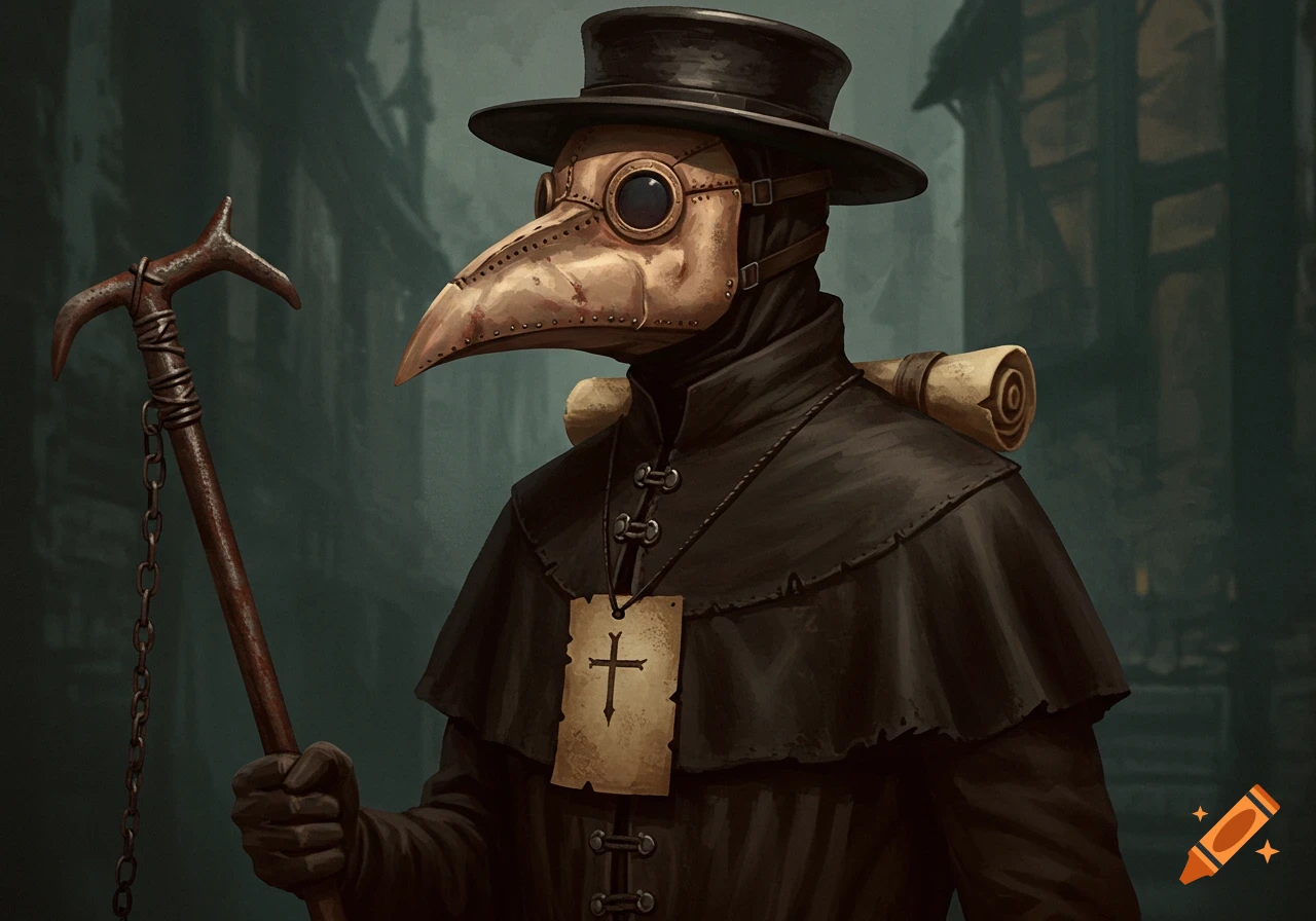 A digital painting of a plague doctor in a black mask, hat, and cloak, holding a cane. on Craiyon