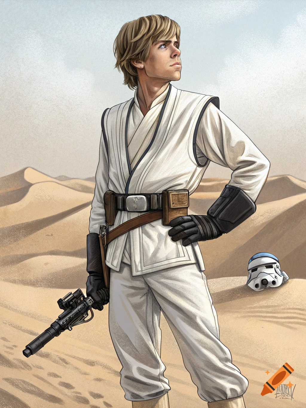 Illustration of Luke Skywalker in white robes holding a blaster in a ...