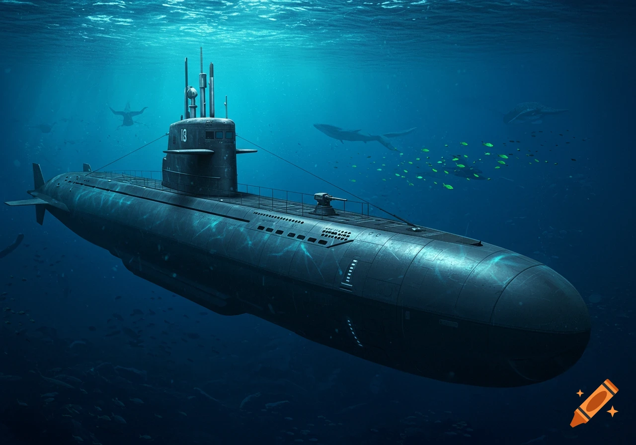 A large submarine swims underwater with fish and whales. on Craiyon