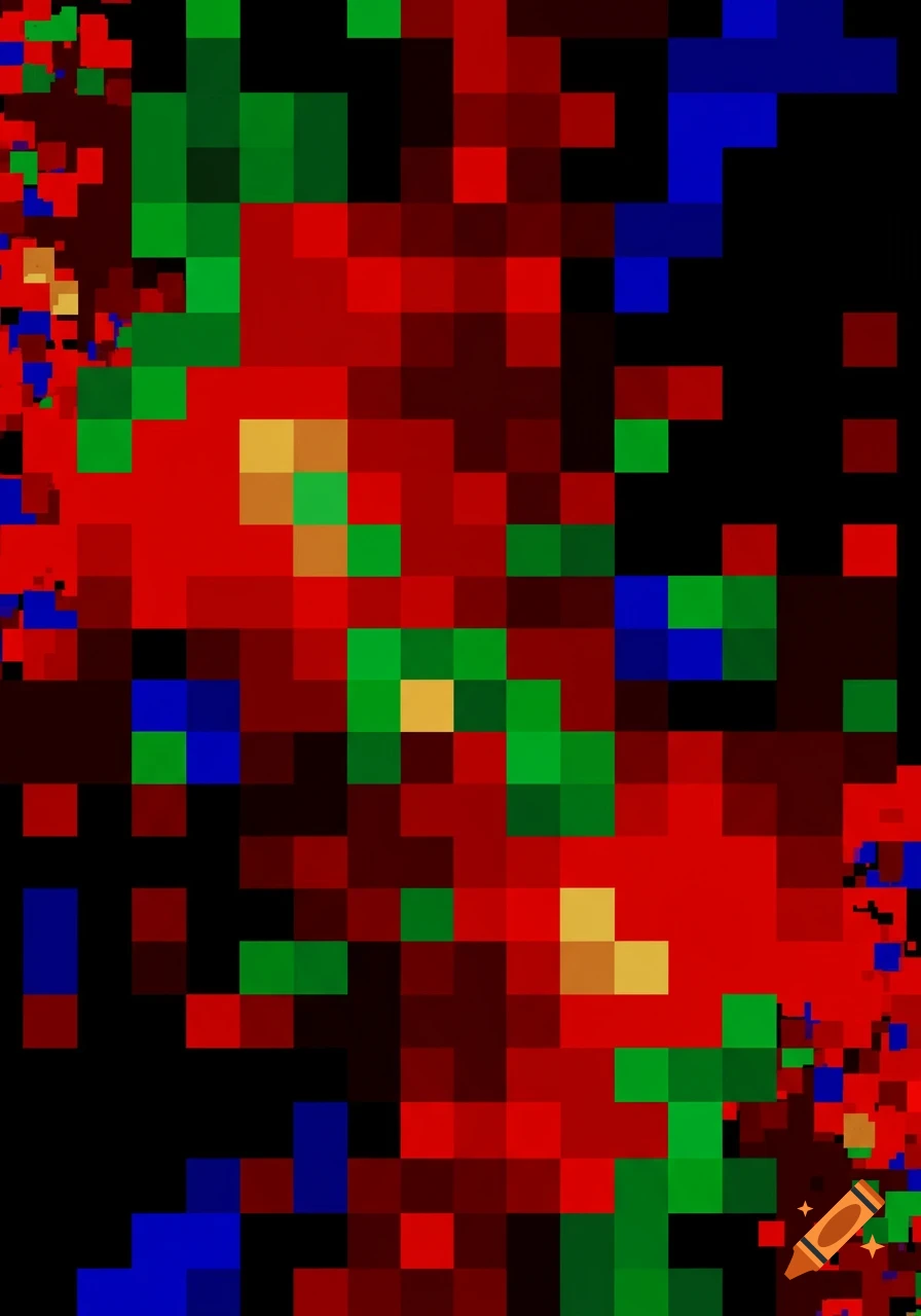 Pixelated abstract art with blocks of red, green, blue, and yellow on a ...