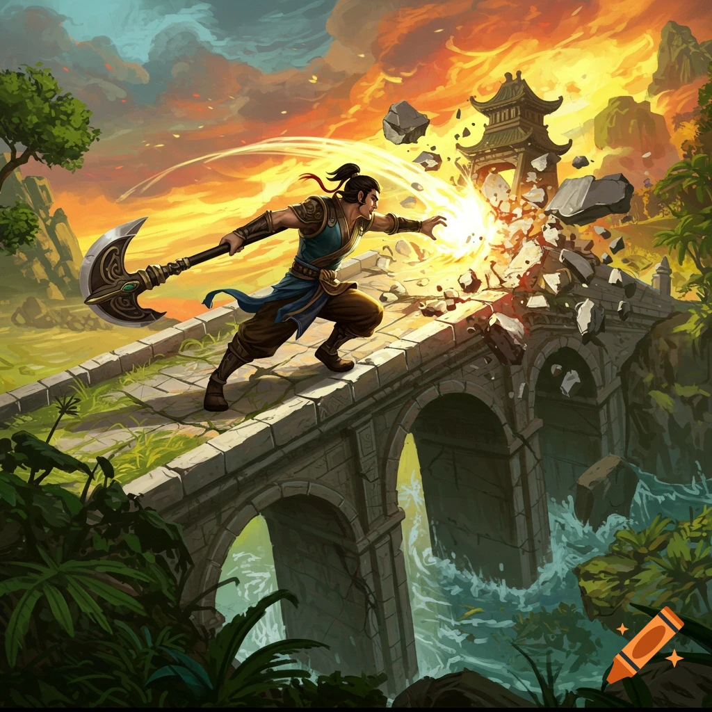 A warrior in a fantasy setting attacks a stone bridge with a magical blast. on Craiyon