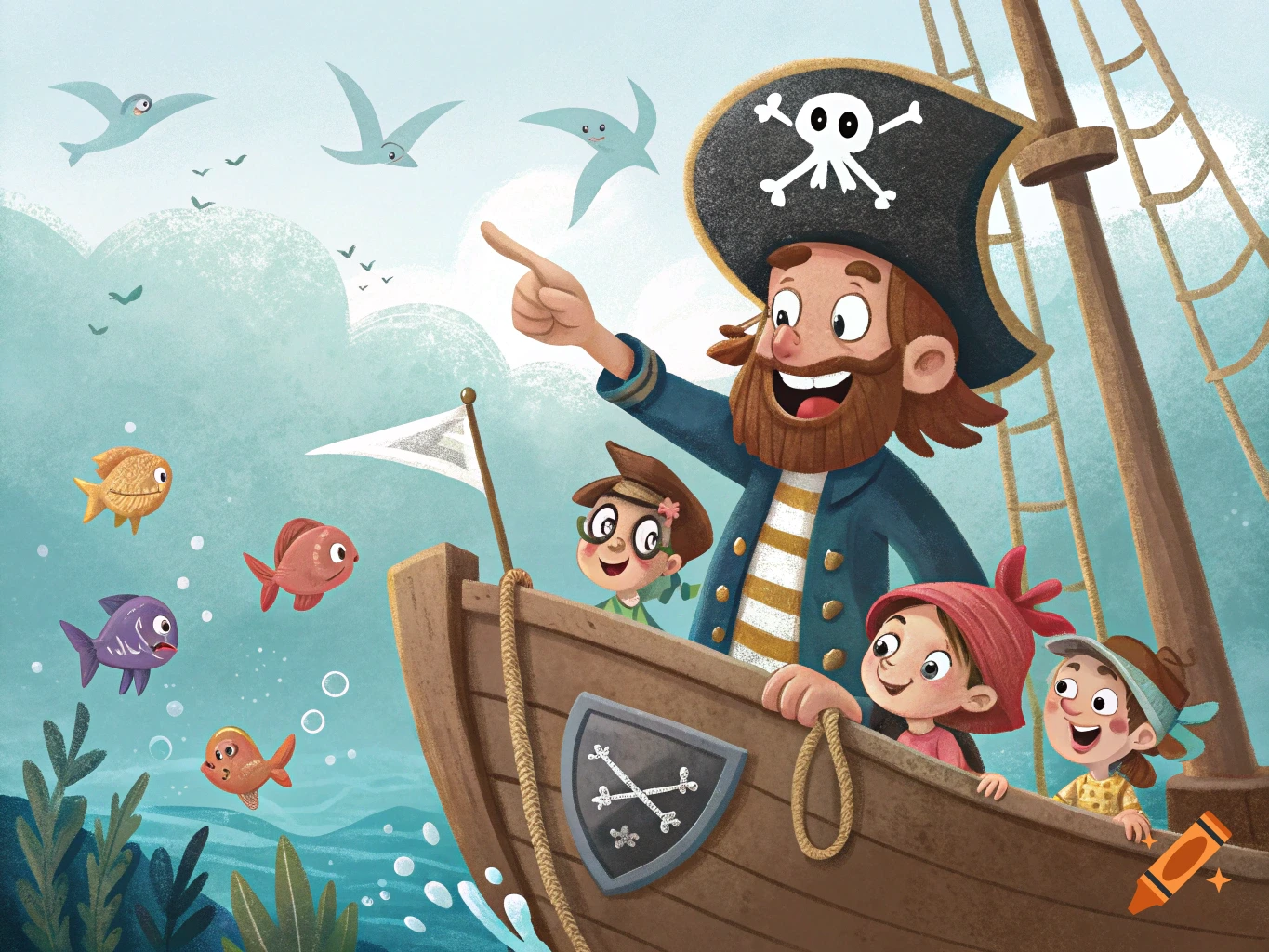 Cartoon illustration of a pirate and children on a boat watching ...