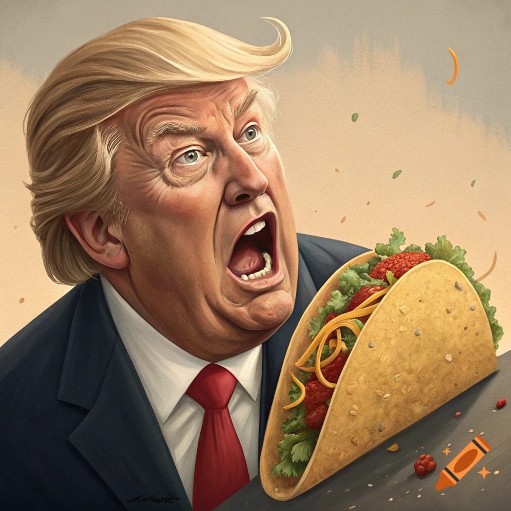 Caricature illustration of Donald Trump looking scared of a taco. on ...