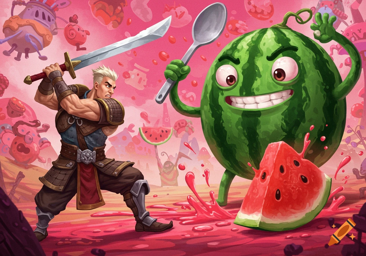 A warrior fights a giant cartoon watermelon holding a spoon in a ...