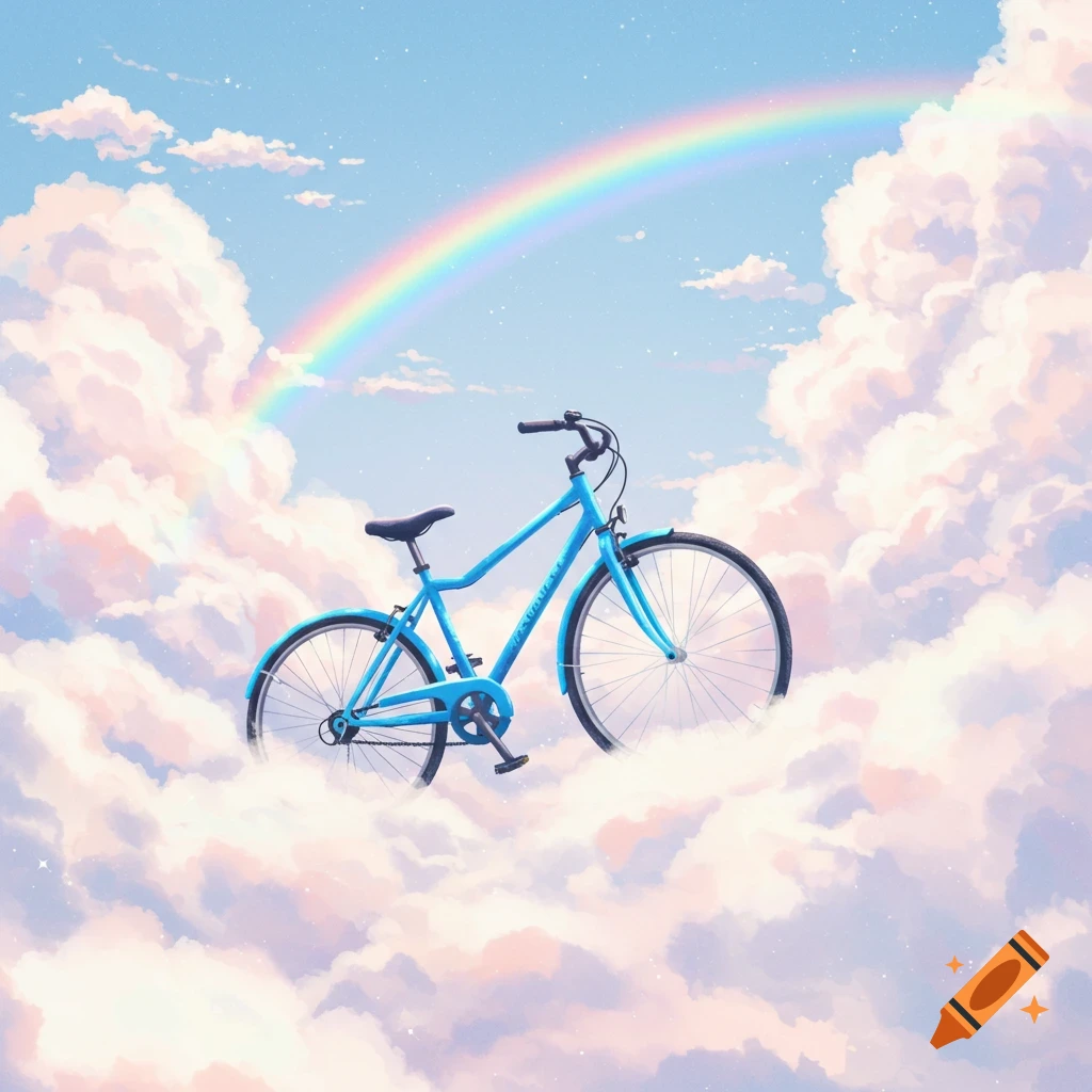 A blue bicycle floats in fluffy clouds under a blue sky with a rainbow ...