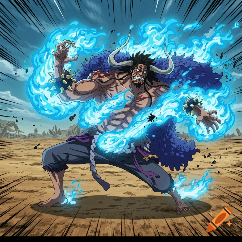 One Piece character Kaido engulfed in blue flames in anime style on Craiyon