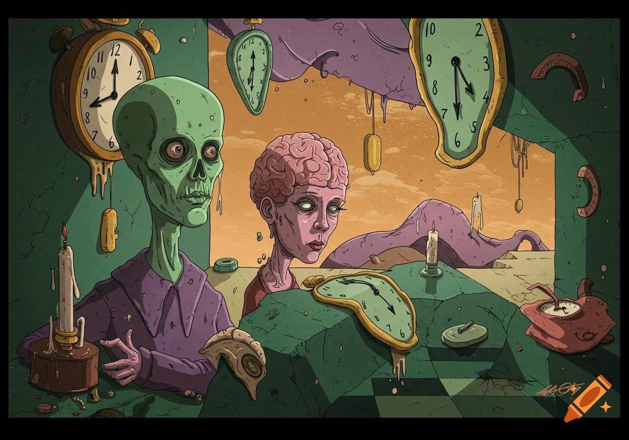 Surreal illustration of a green-skinned figure and a brain creature ...