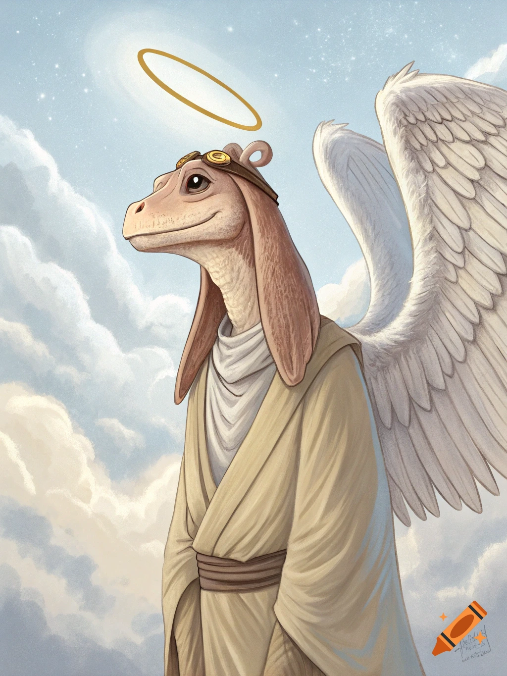 Jar Jar Binks portrayed as an angel with wings and a halo, wearing ...