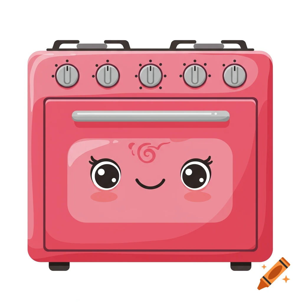 Illustration of a cute pink oven with a smiling face on Craiyon