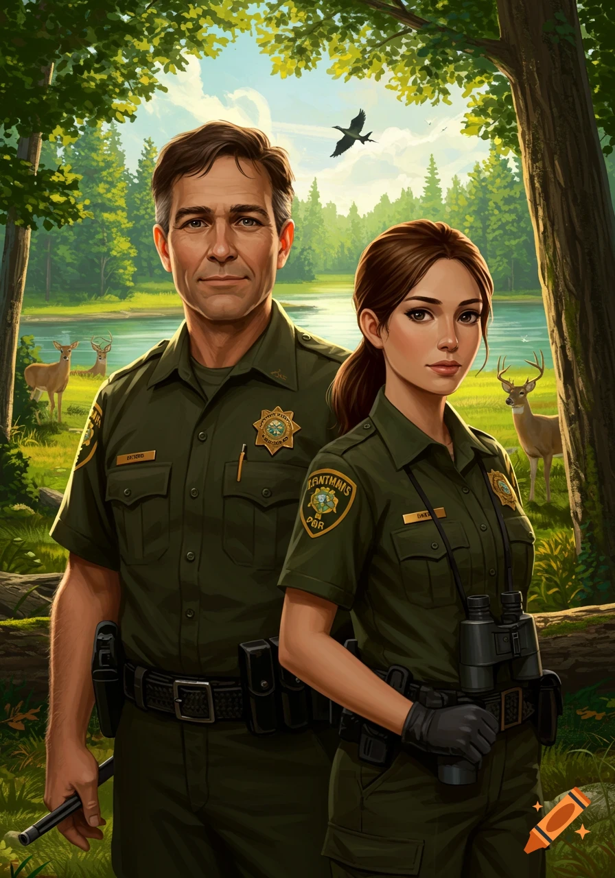 A male and female park ranger stand in a forest with deer and a lake in ...