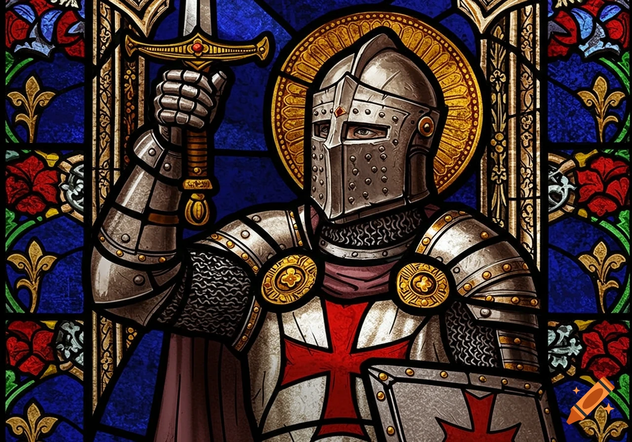 A Templar knight holding a sword in a stained glass window. on Craiyon