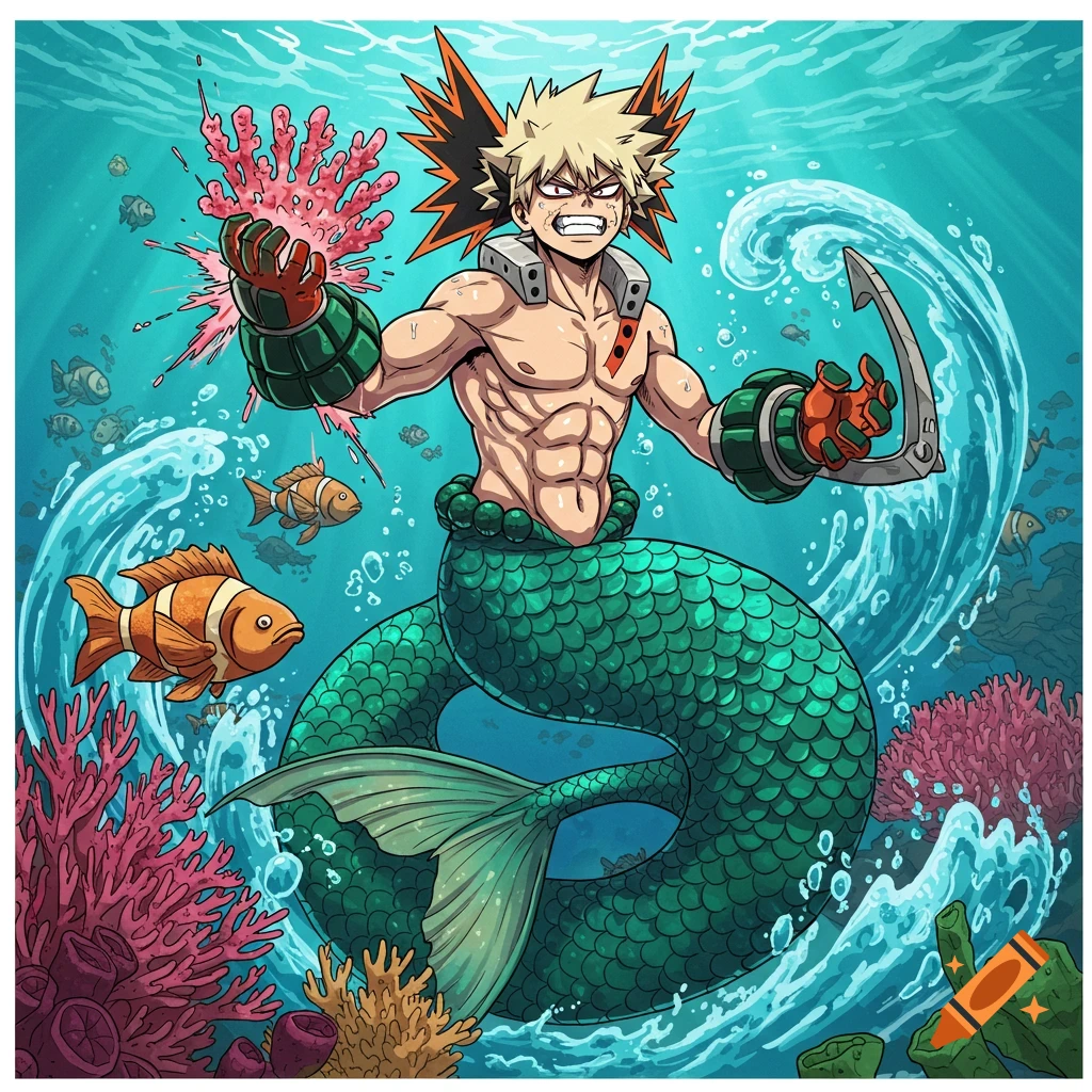 Anime illustration of Bakugo from MHA as a muscular merman with a green ...