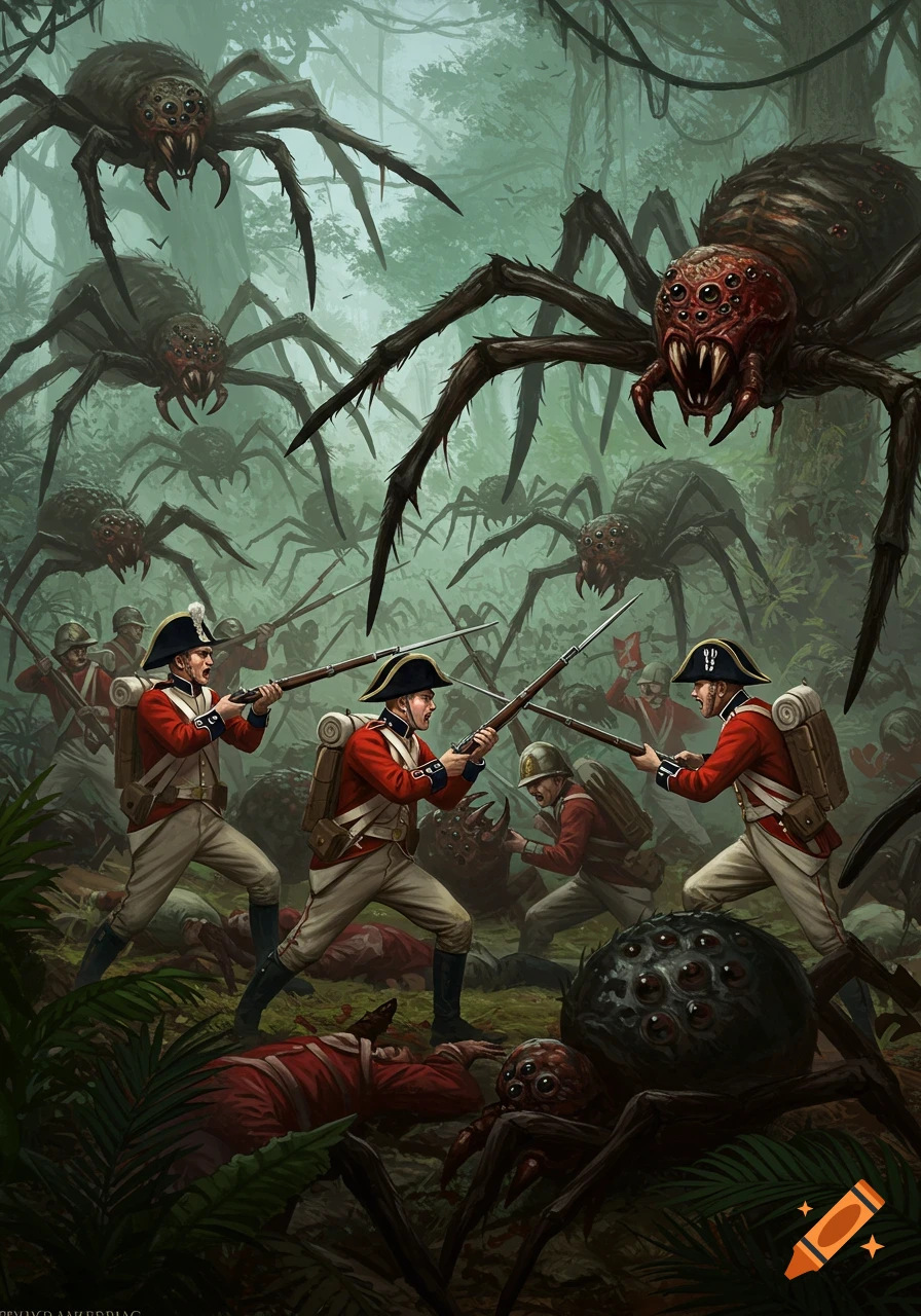 British soldiers battle giant spiders in a lush, misty jungle ...
