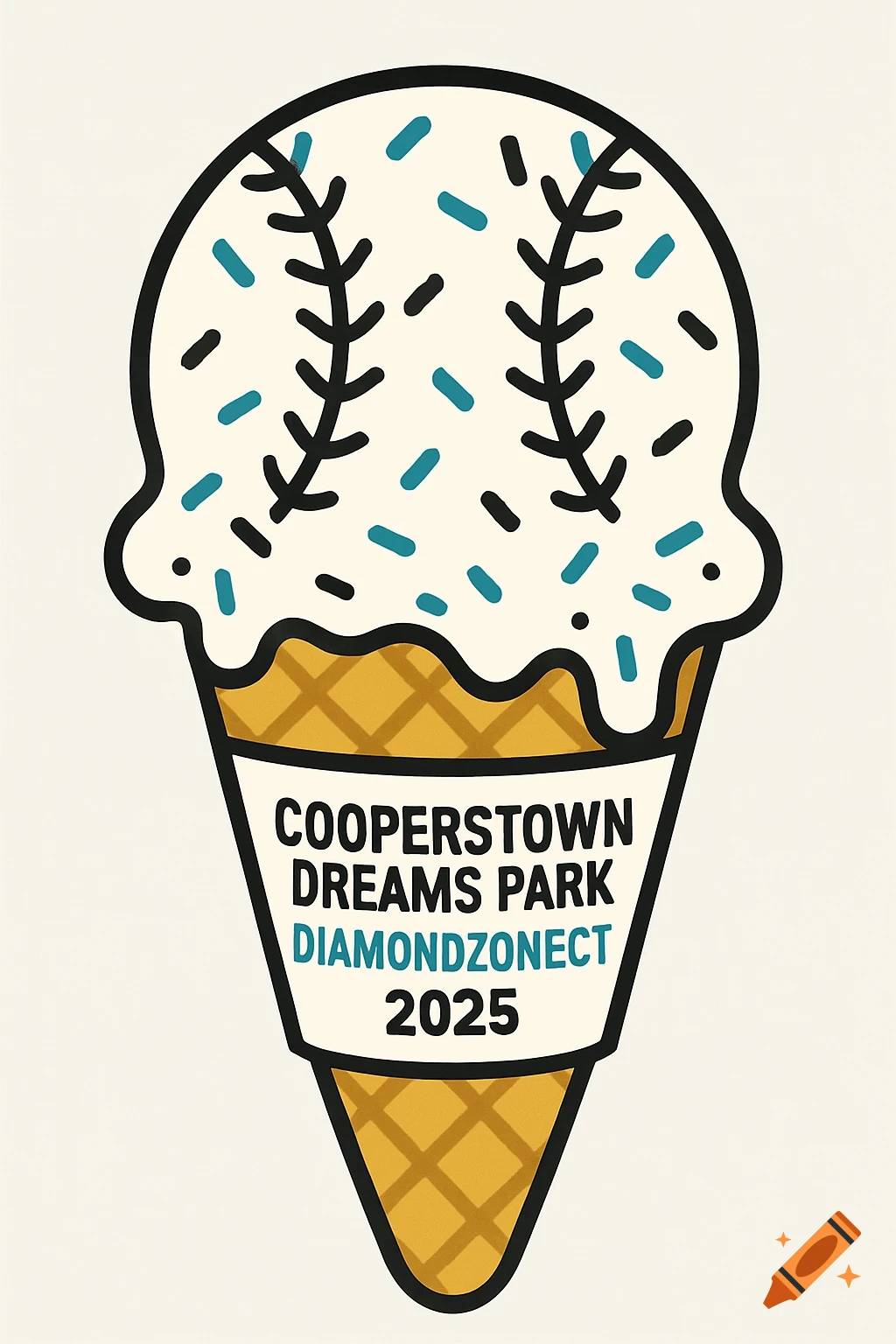 Stylized illustration of a melting baseball ice cream scoop on a cone ...