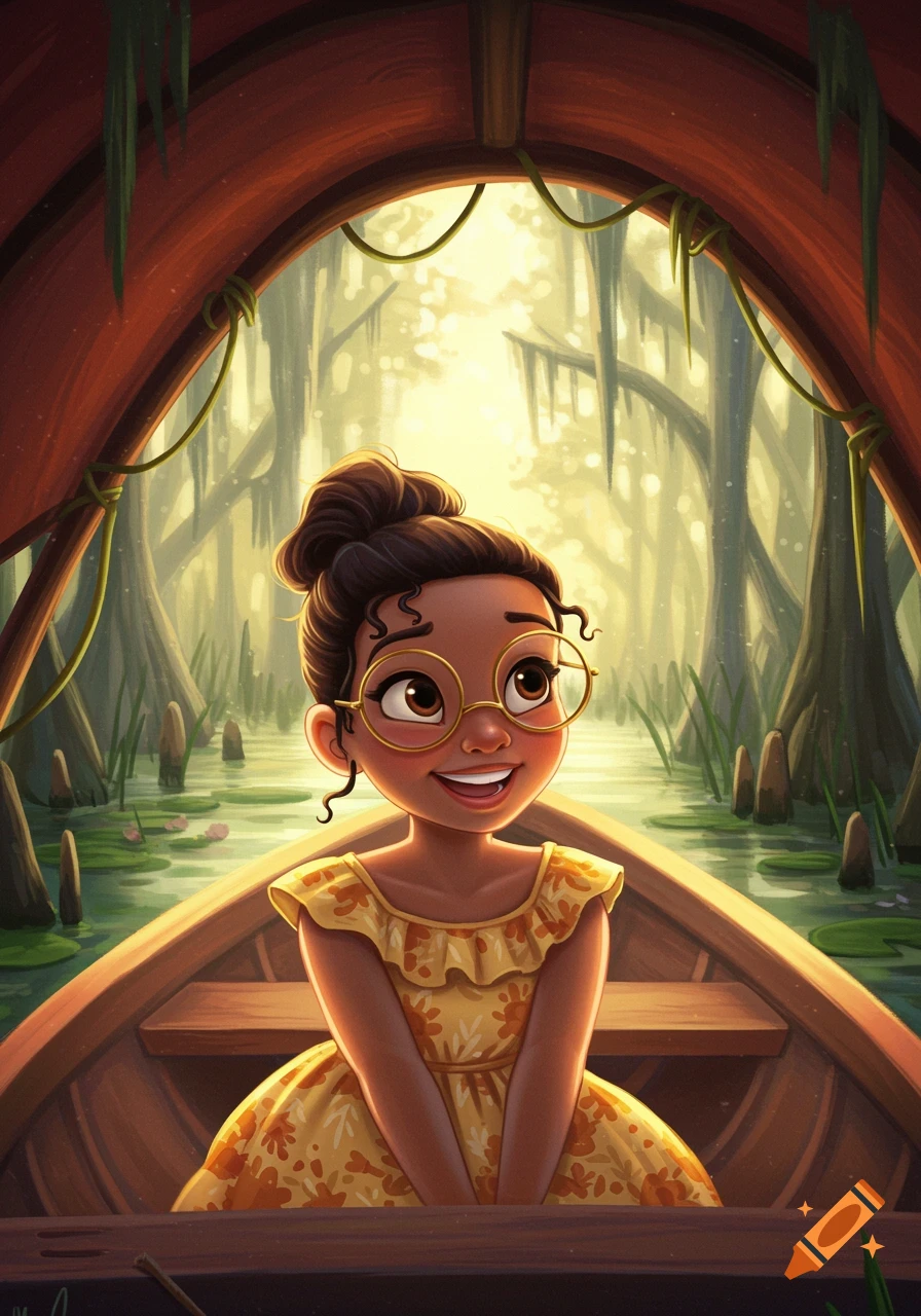 A cartoon illustration of a young girl in glasses in a boat in a sunny ...