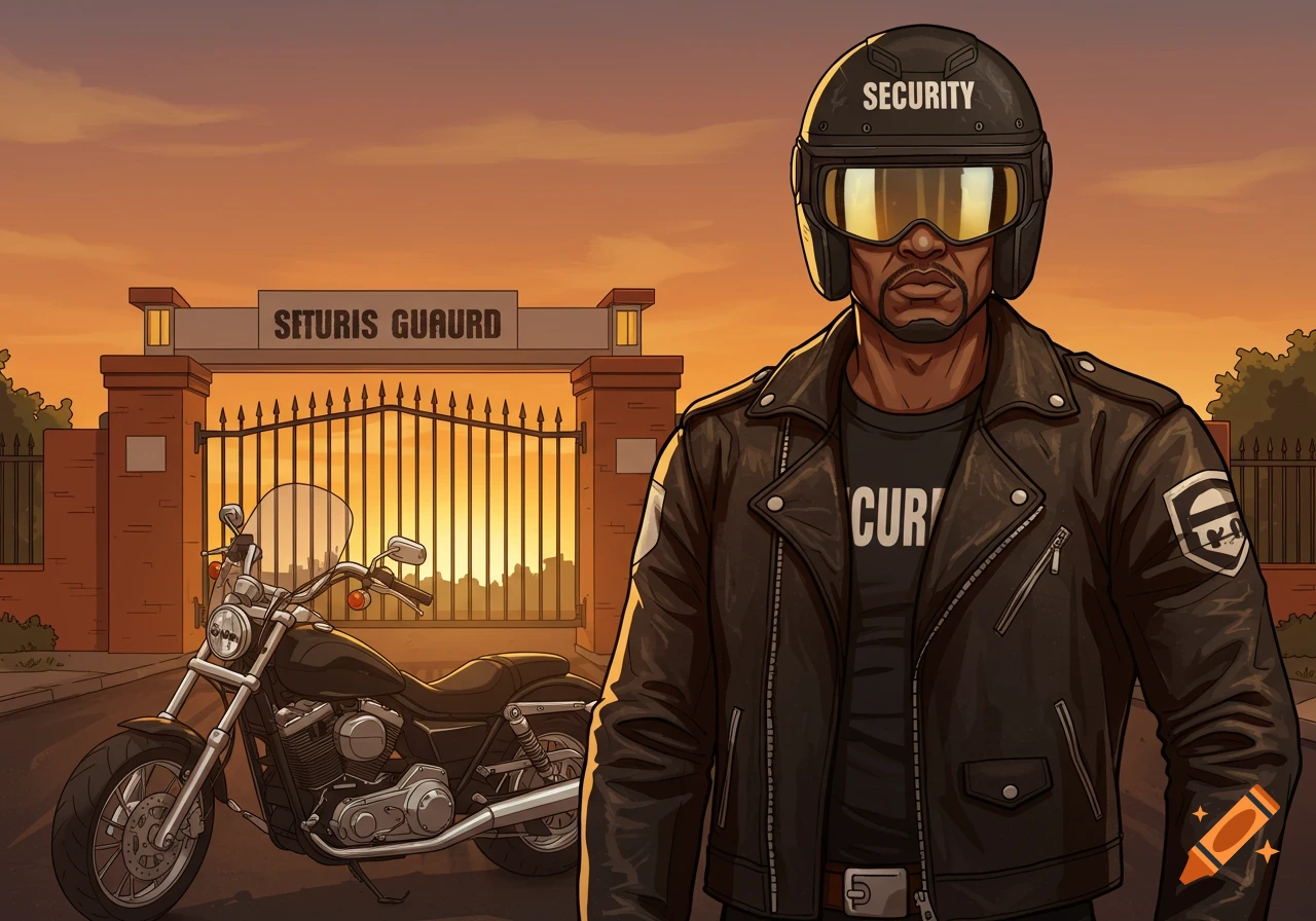 An illustration of a security guard wearing a helmet and leather jacket ...