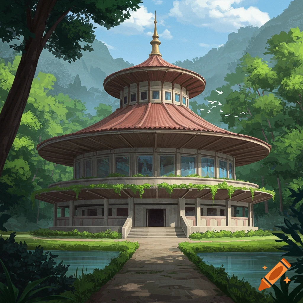 Circular temple with red roof by a pond in a forest, illustration style ...