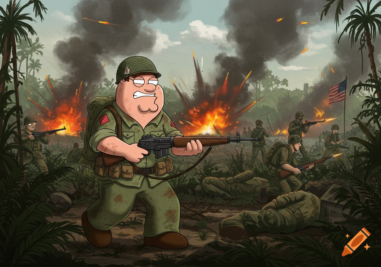 Cartoon of Peter Griffin as a soldier in a jungle war scene with ...