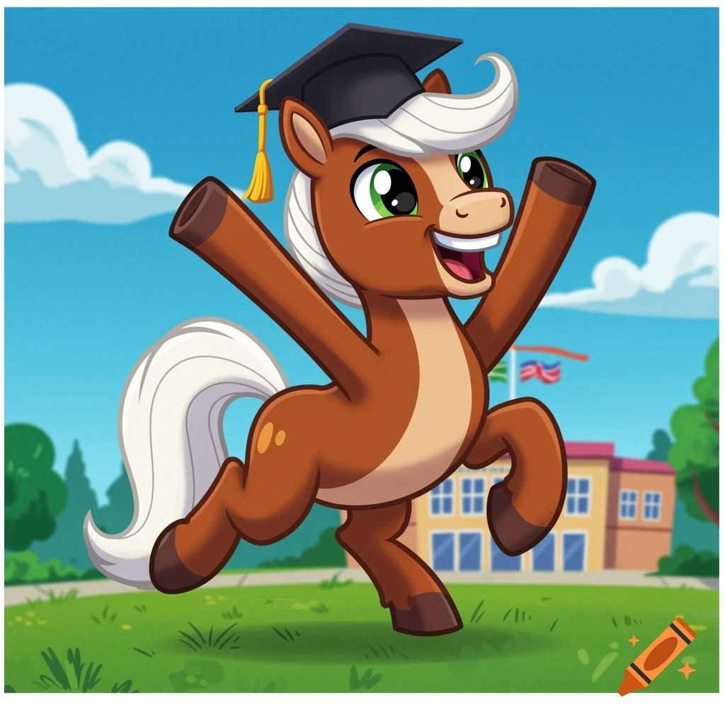 Cartoon horse in graduation cap jumping happily in front of a school on ...