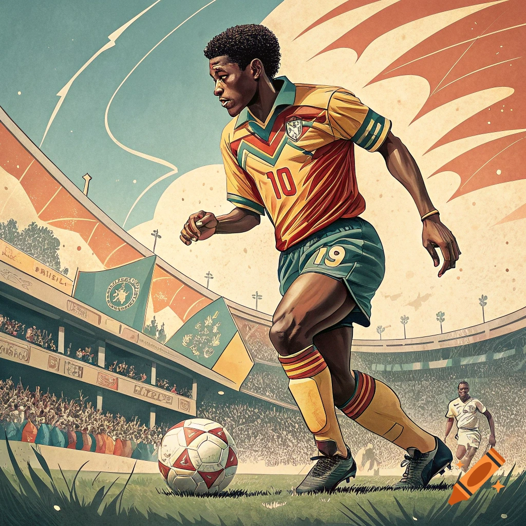 Illustration of a soccer player with the ball in a stadium, wearing a ...