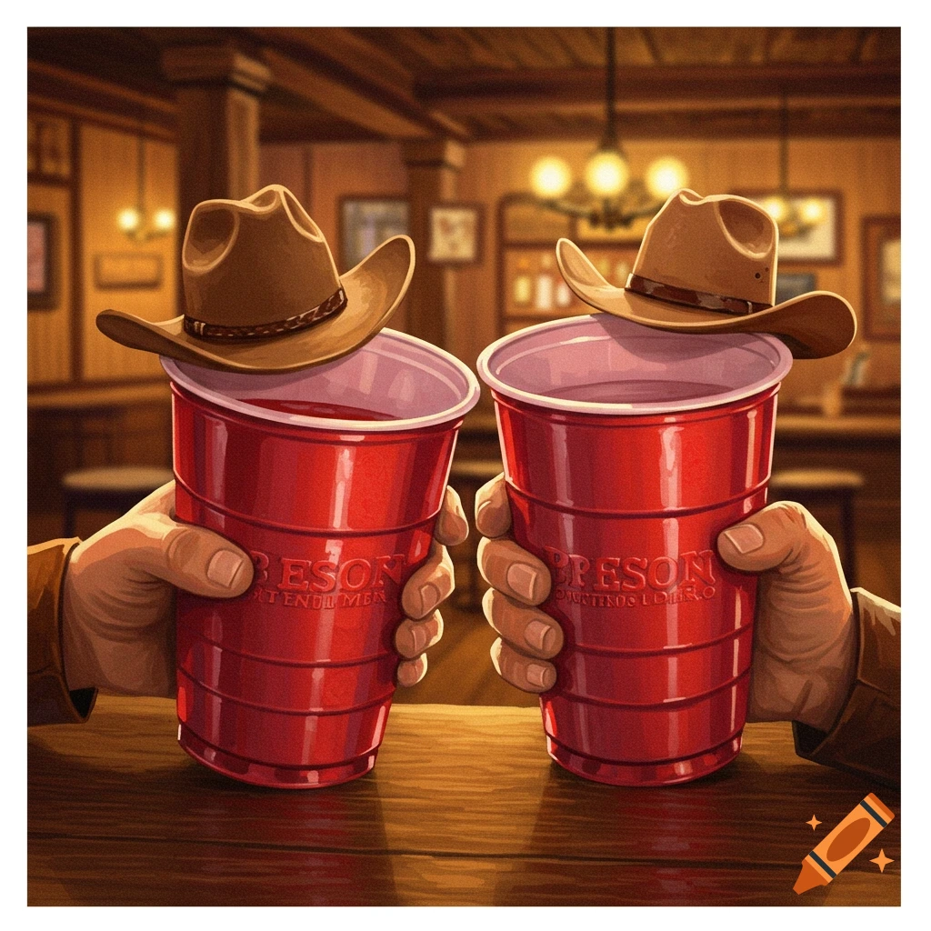 Illustration of two red solo cups wearing cowboy hats cheersing in a ...