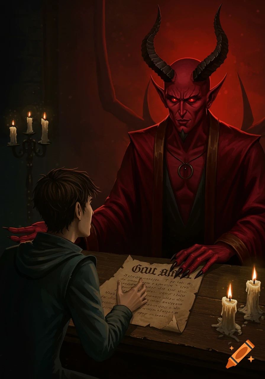 A young man signs a contract with a red-skinned devil in a dimly lit ...
