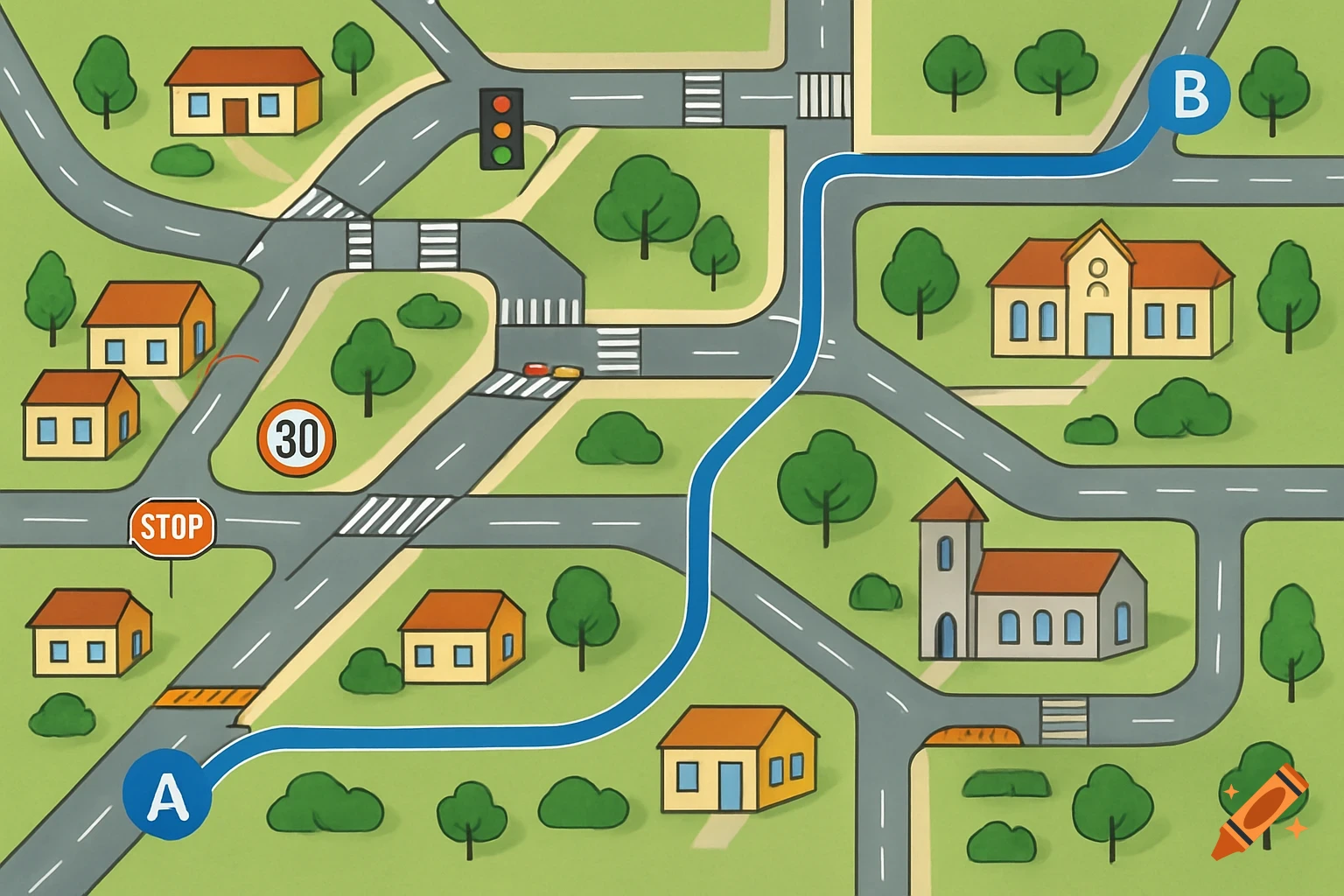 Illustration of a town map with roads, houses, traffic signs, and a ...