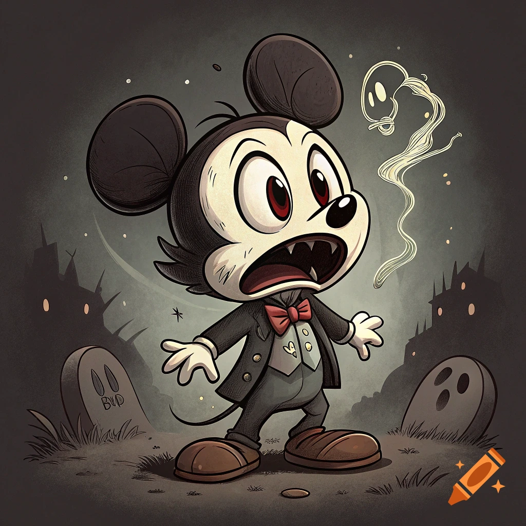 Cartoon Mickey Mouse dressed as Dracula looking scared by a ghost in a ...