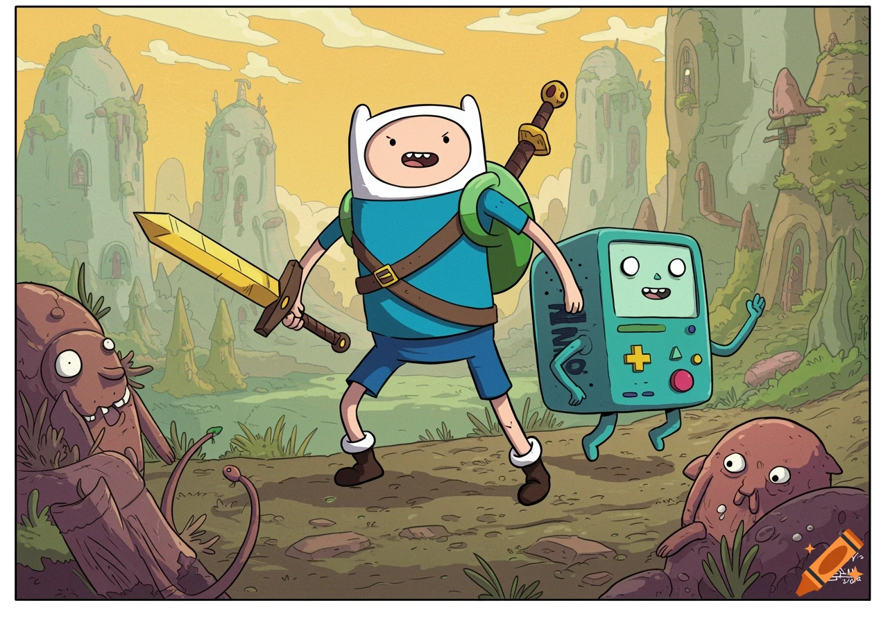 Finn and BMO from Adventure Time standing in a landscape in a comic art ...