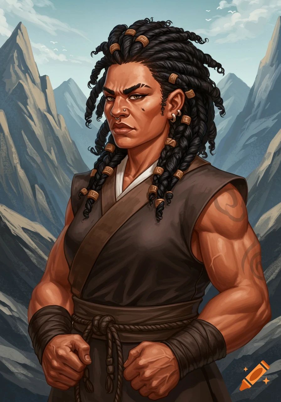 Stern female character with braided hair and tattoos in martial arts ...