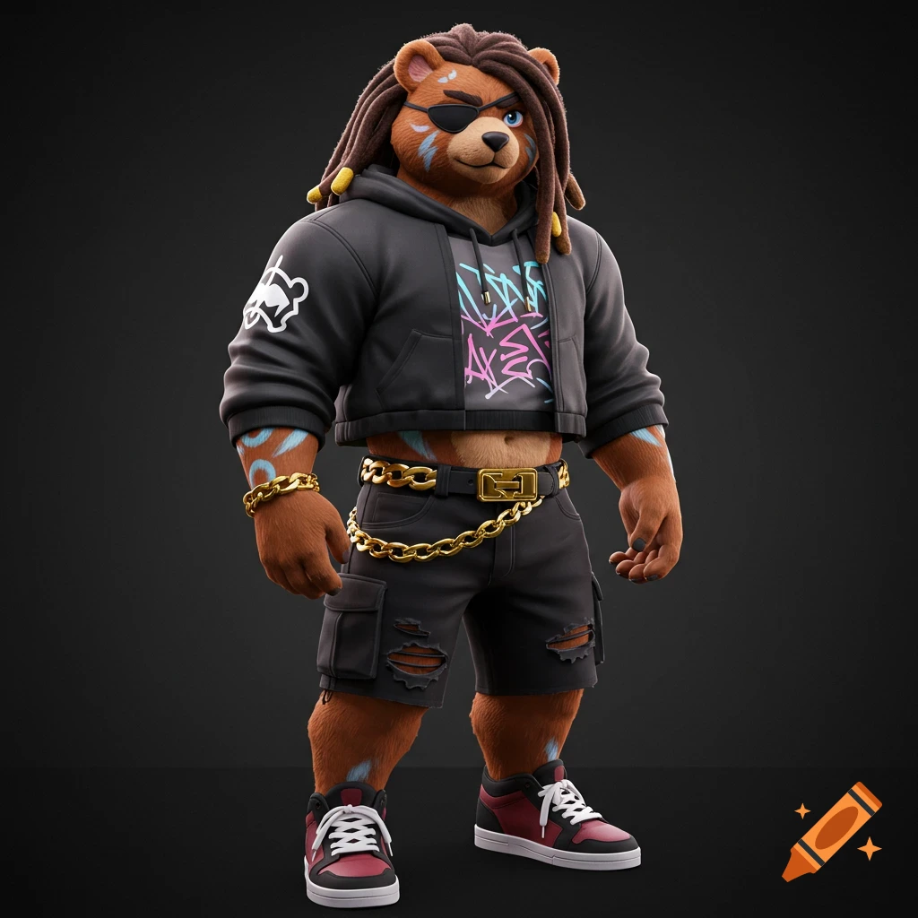 A 3D render of a muscular anthropomorphic bear with dreadlocks and an ...