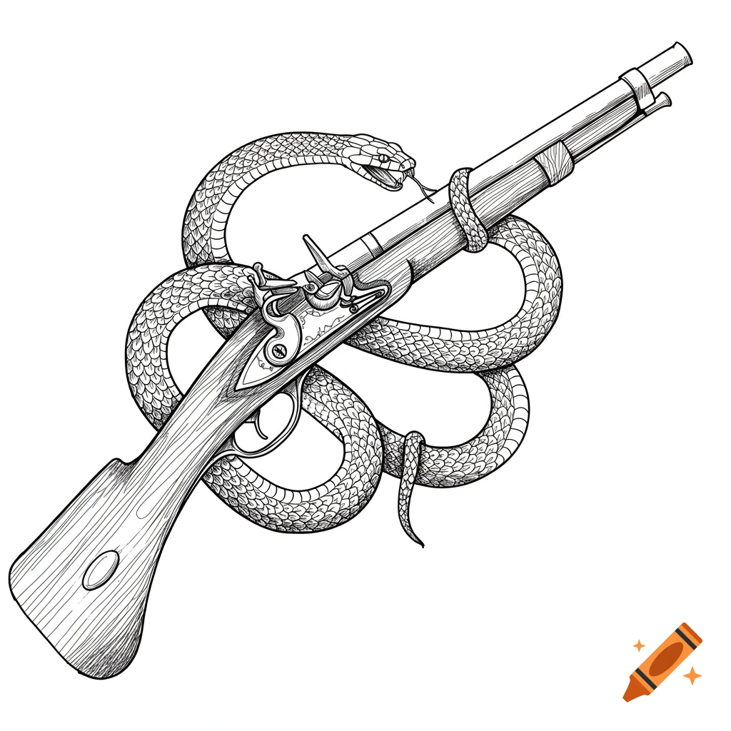 Line drawing of a musket wrapped by a snake on Craiyon