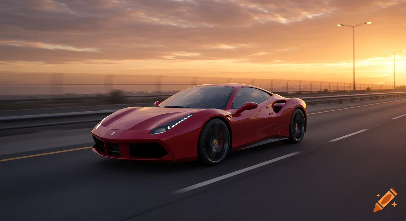 A red Ferrari driving on a highway at sunset with motion blur. on Craiyon